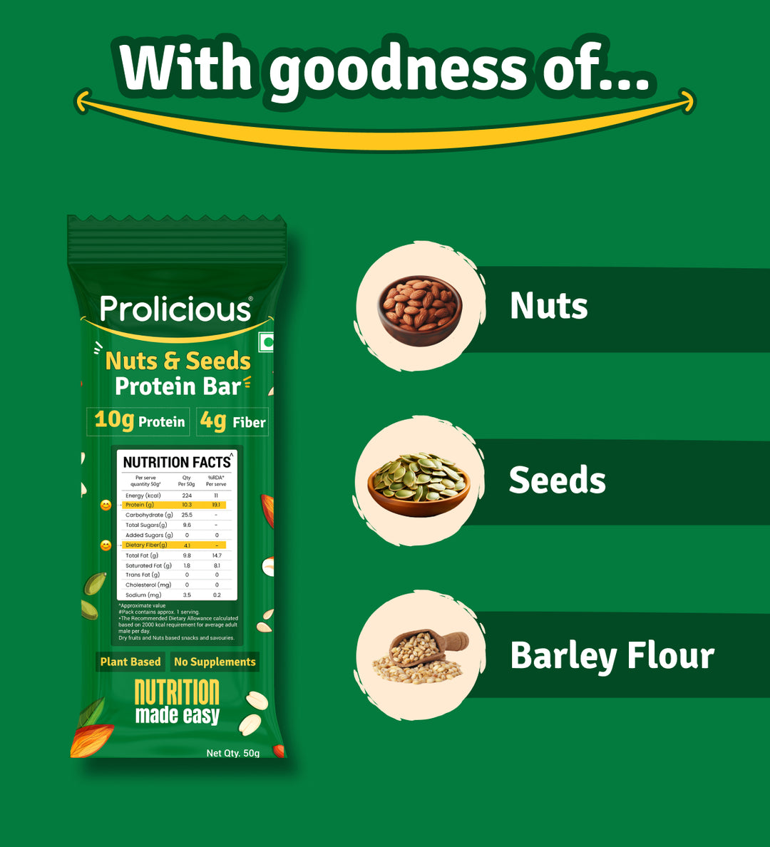 Prolicious Nuts & Seeds Bar with High Protein & Fiber